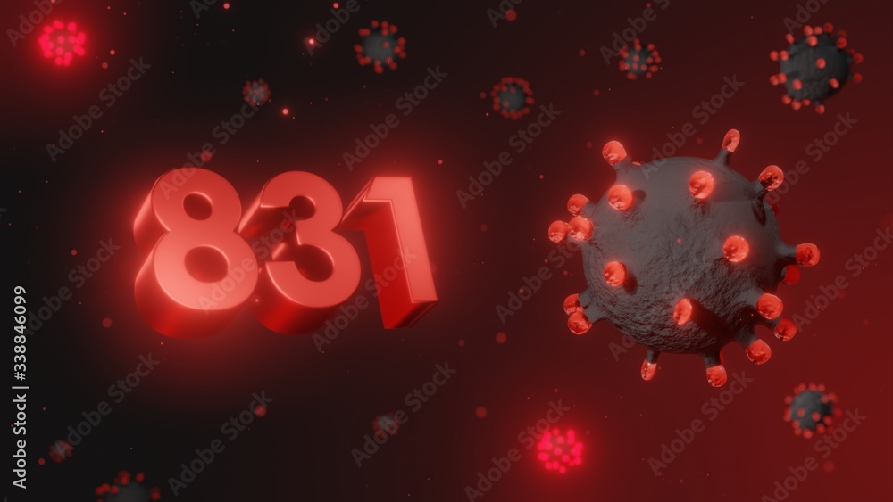 Poster Number 831 in red 3d text on dark corona virus background, 3d ...