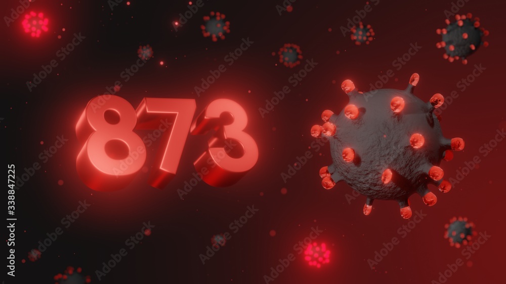 Number 873 in red 3d text on dark corona virus background, 3d render ...