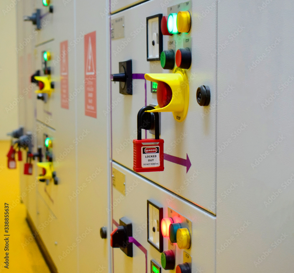 Electrical isolation lock-out tag-out.Electrical room. Stock Photo ...