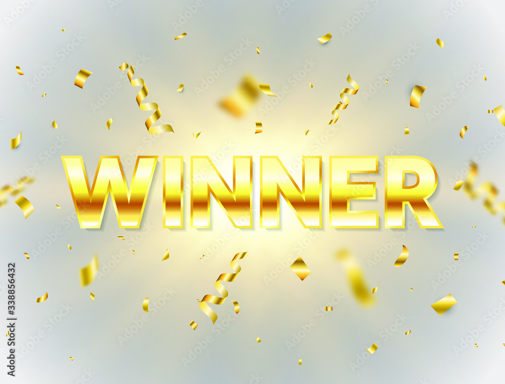Winner gold text with glowing light and flying confetti. Explosion star ...