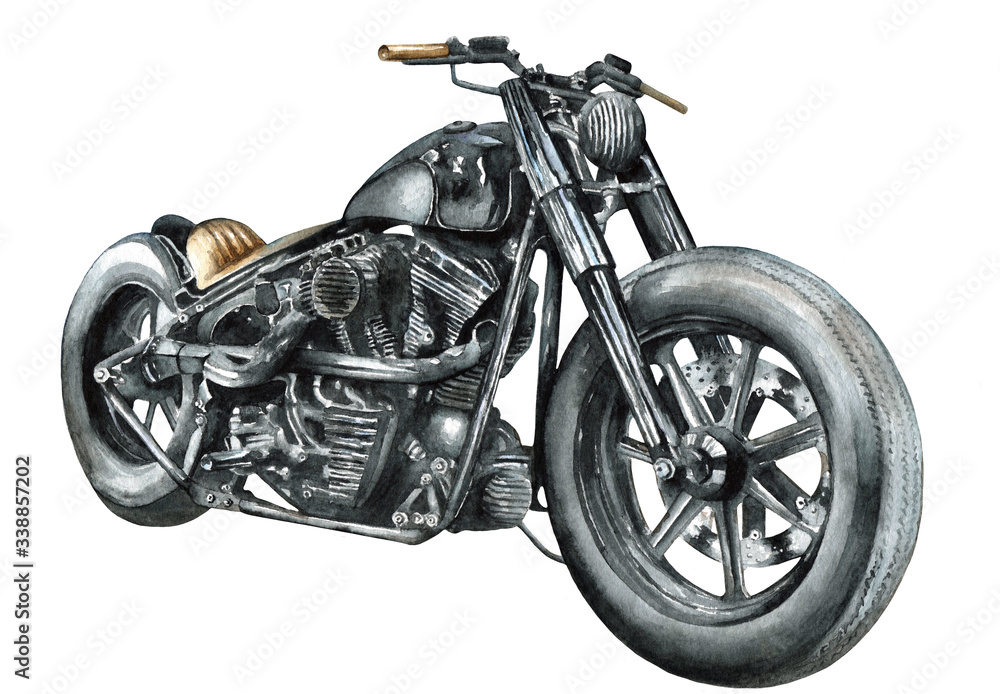 ภาพประกอบสต็อก Motorcycle bobber painted in watercolor on paper ...