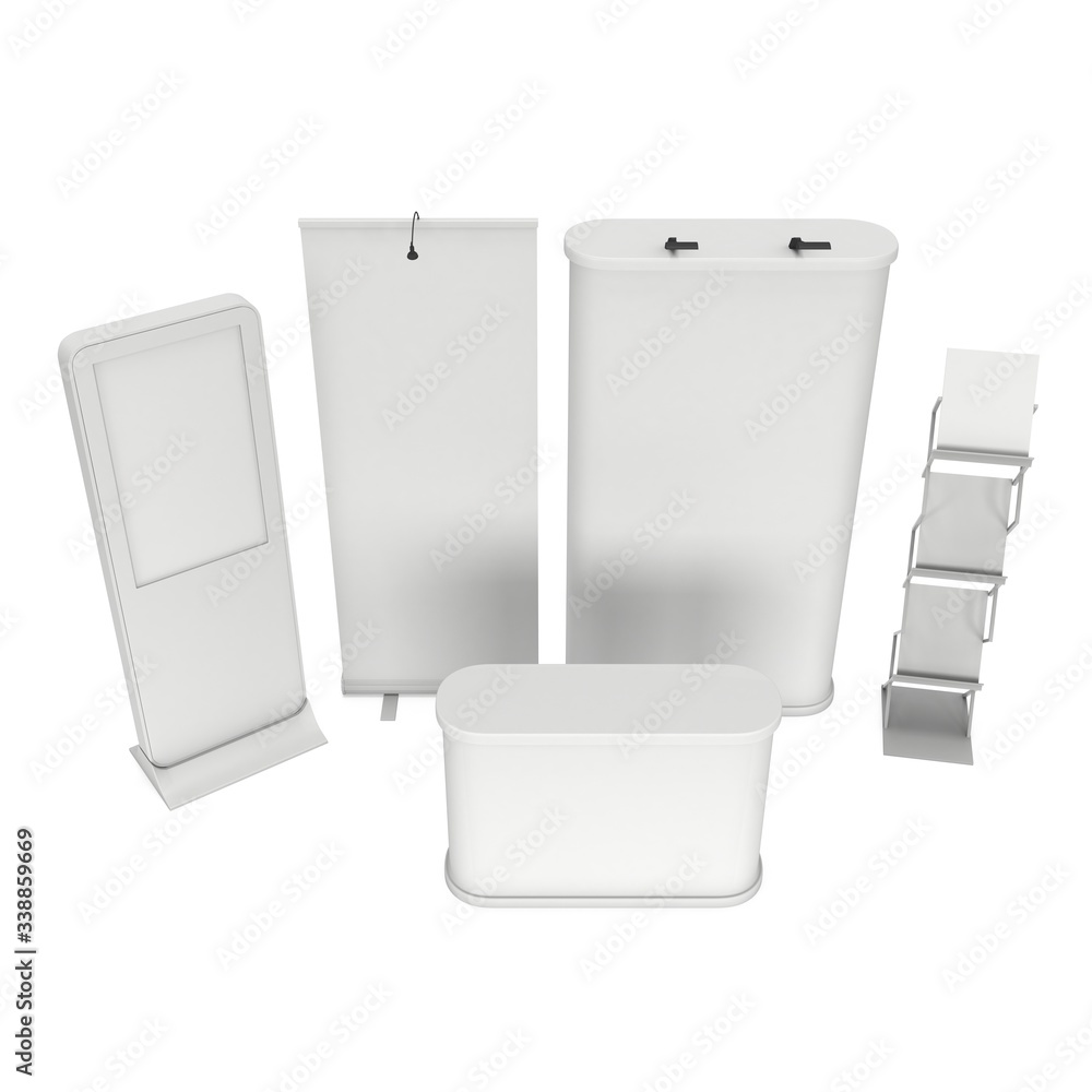 LCD Screen Floor Stand with Roll-Up Pop-Up and reception desk. Blank ...