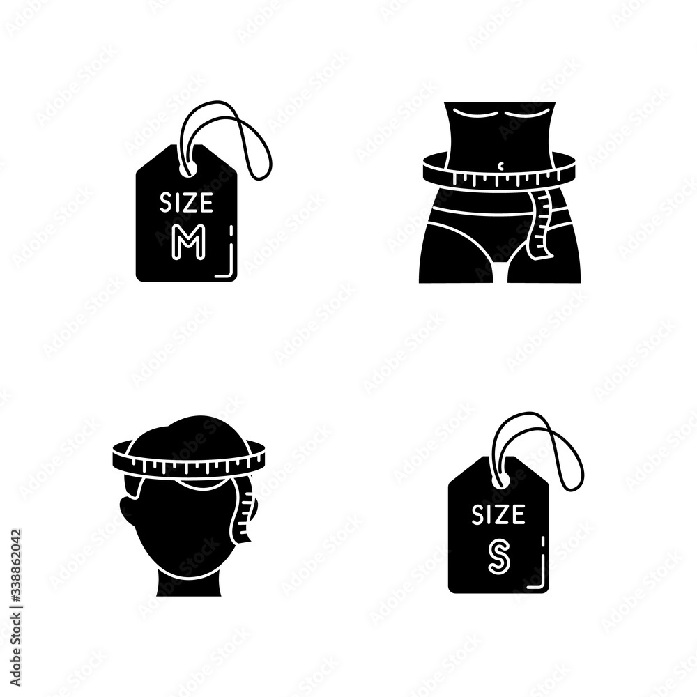 Size tags and measurements black glyph icons set on white space. Head ...