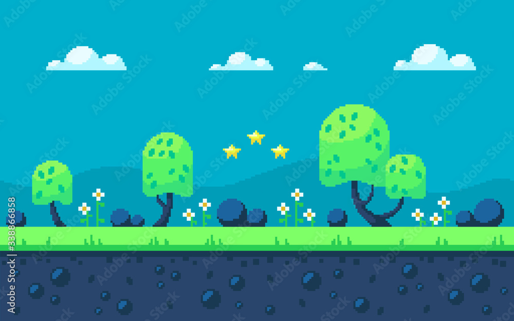 Cute meadow area with forest and clouds. Stock Vector | Adobe Stock