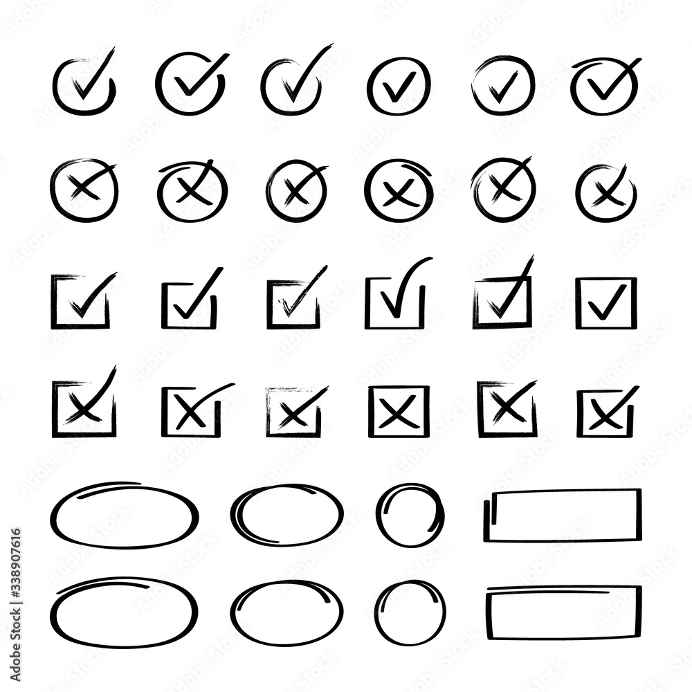 Super set hand drawn check mark with different circle arrows and ...