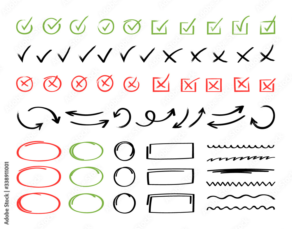 Vektorová grafika „Super set hand drawn check mark with different ...