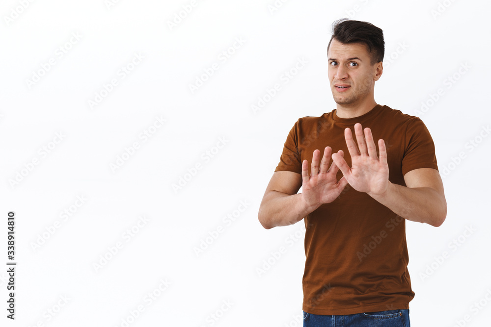 No thank you, please stay away. Portrait of anxious and worried ...