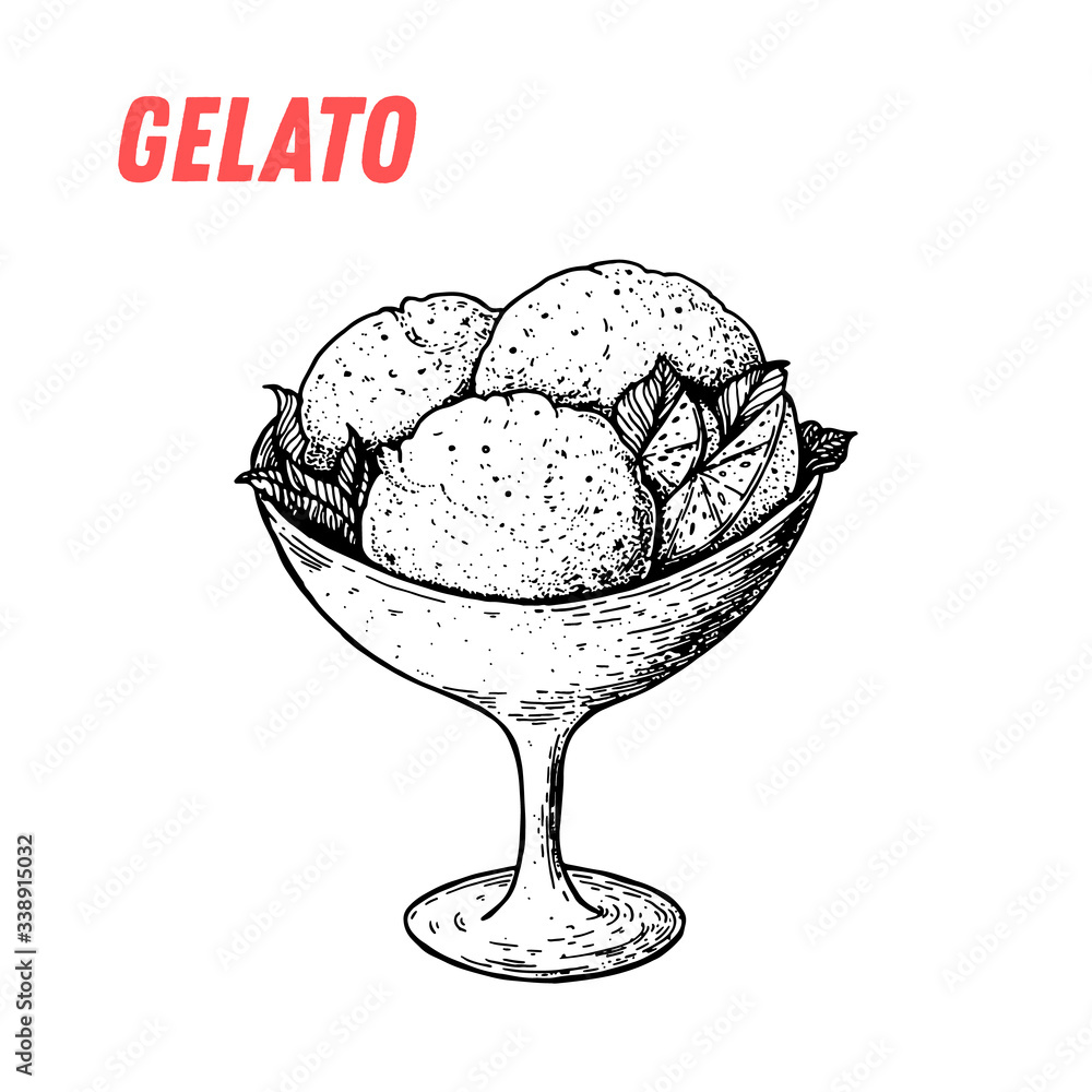 Gelato sketch. Ice cream. Italian dessert vector illustration. Italian ...