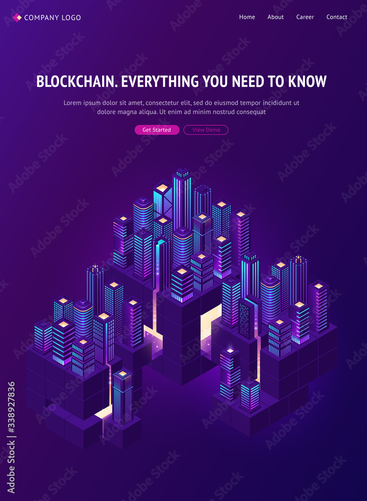 Blockchain technology in smartcity isometric landing page. Smart city ...