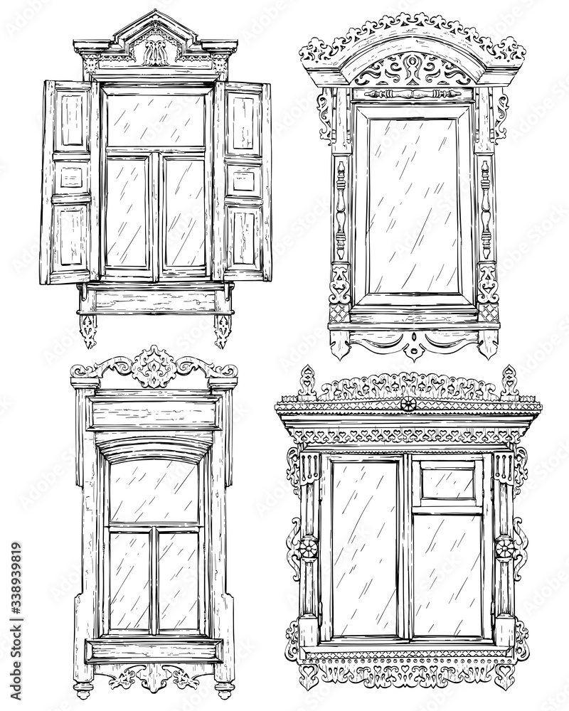 Collection of hand drawn vintage windows. Vector illustration Stock ...