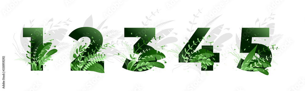 Vector illustration. Flower font numbers 1,2,3,4,5. Green numbers and ...