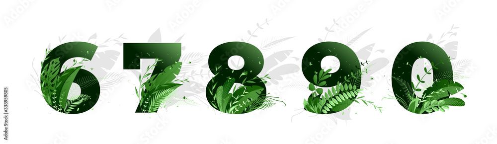 Vector illustration. Flower font numbers 6,7,8,9,0. Green numbers and ...
