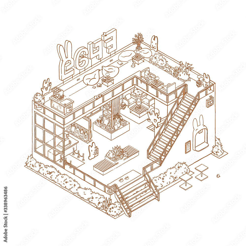 Isometric outline cafe interior. Cartoon coloring book page of 3d ...
