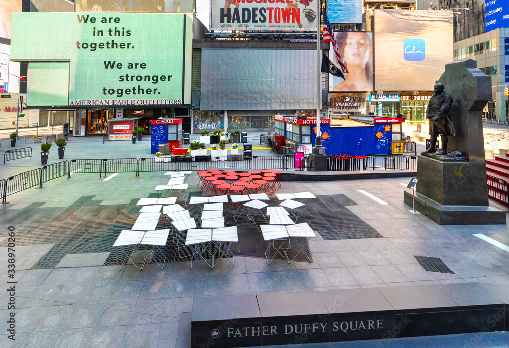 Tables in Times Square NYC spell out I love NY during the Covid-19 ...