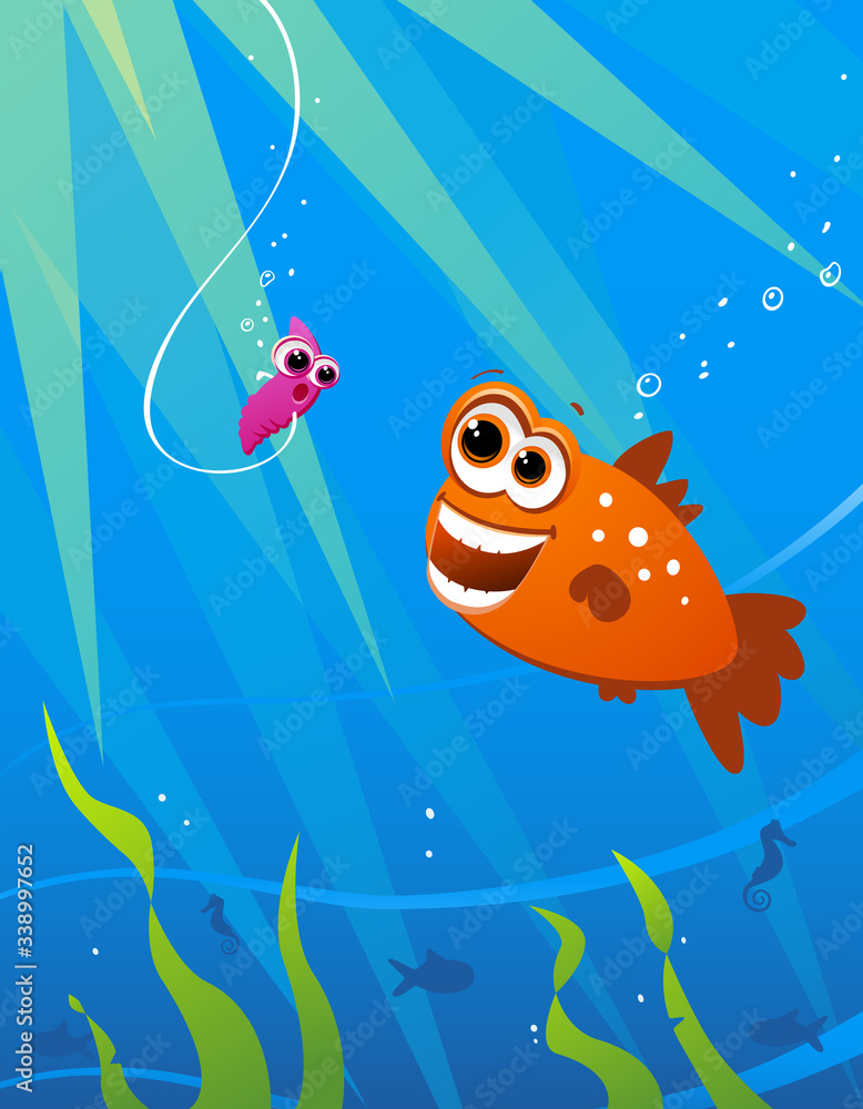 Vector drawing of an underwater fishing scene with a cartoon goldfish ...