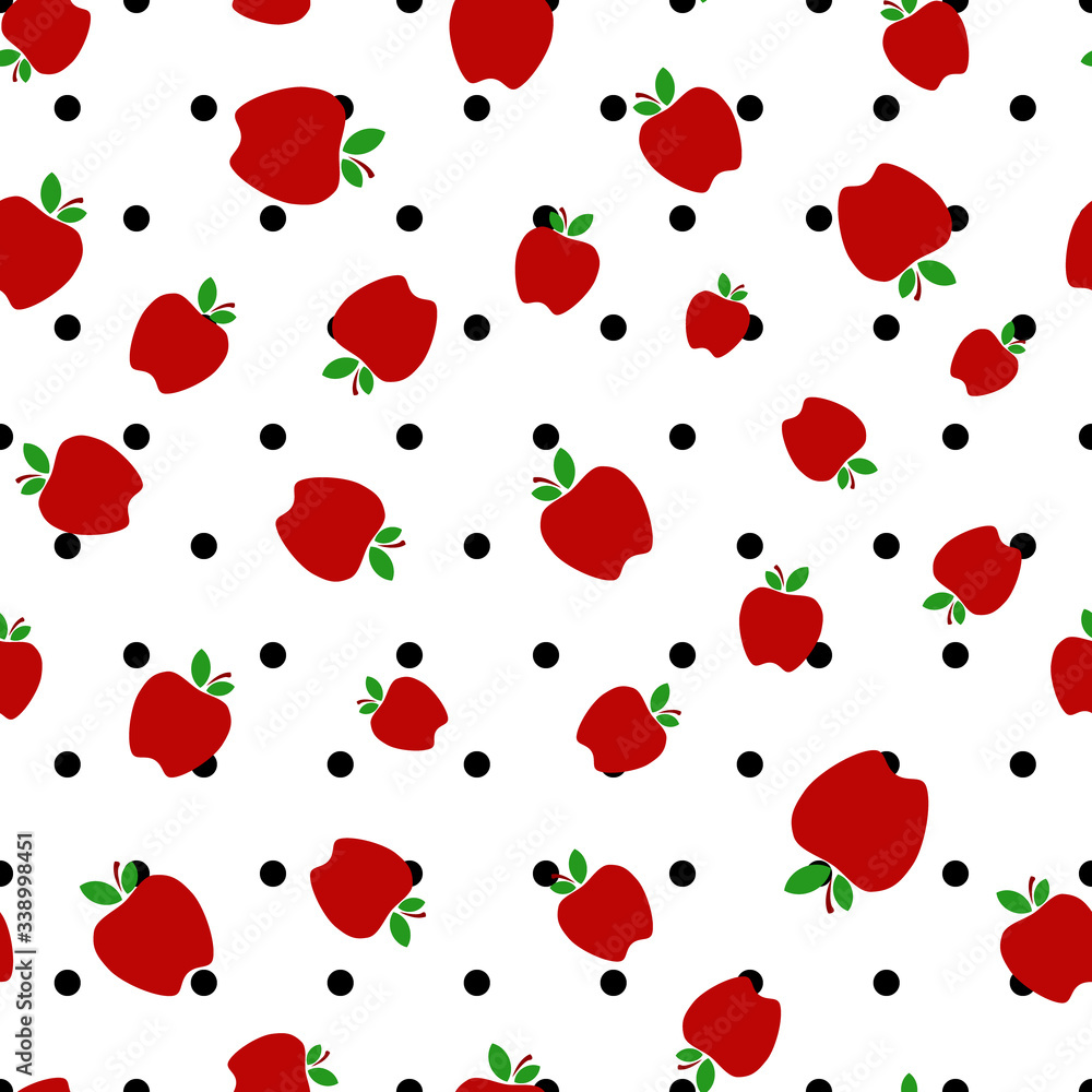 Red apple flat vector illustration with polka dots background seamless ...