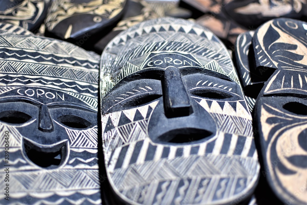 Wooden decorative festival masks from the island of Coron in Palawan ...