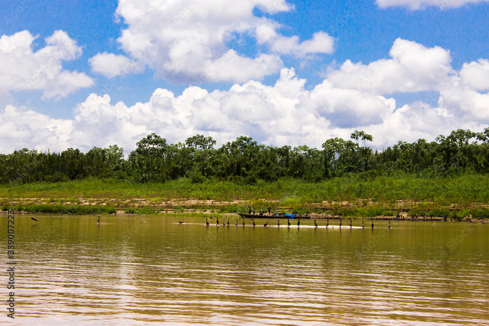 Foto del paisaje en el río Ucayali de Perú con embarcación con arboles ...