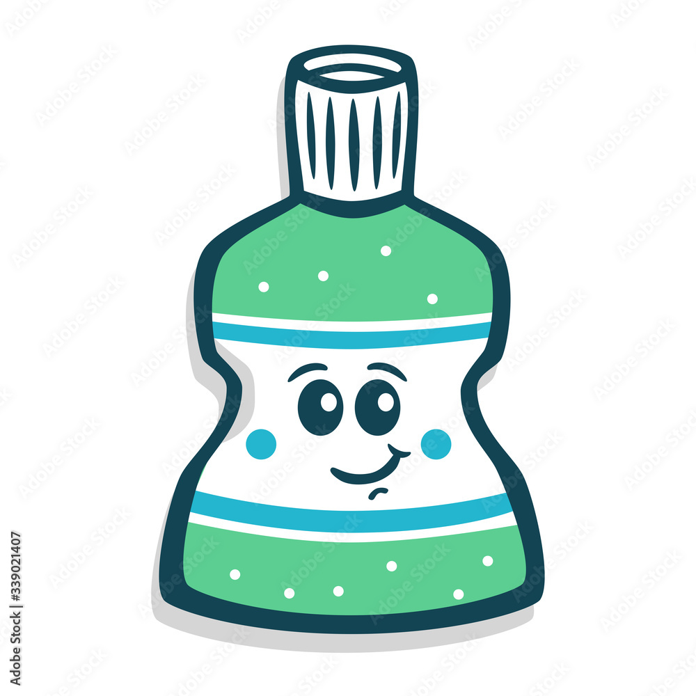 Vector drawing of a cute aqua mouthwash bottle with a smiley face ...