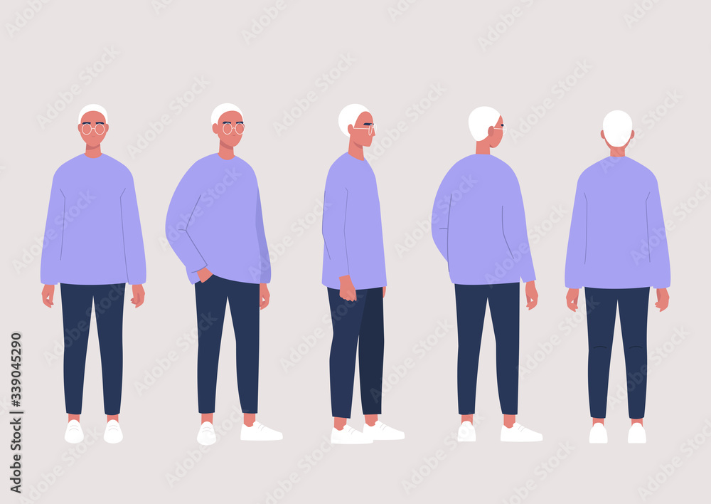 Young male character poses collection: front, side and back views Stock ...