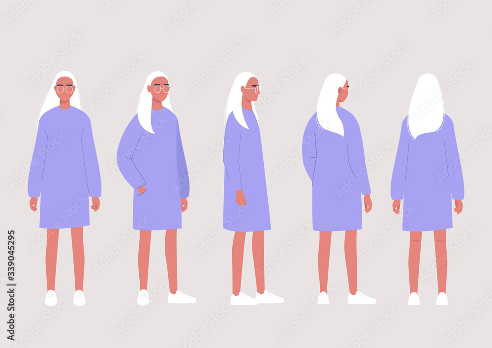 Poster Young female character poses collection: front, side and back ...