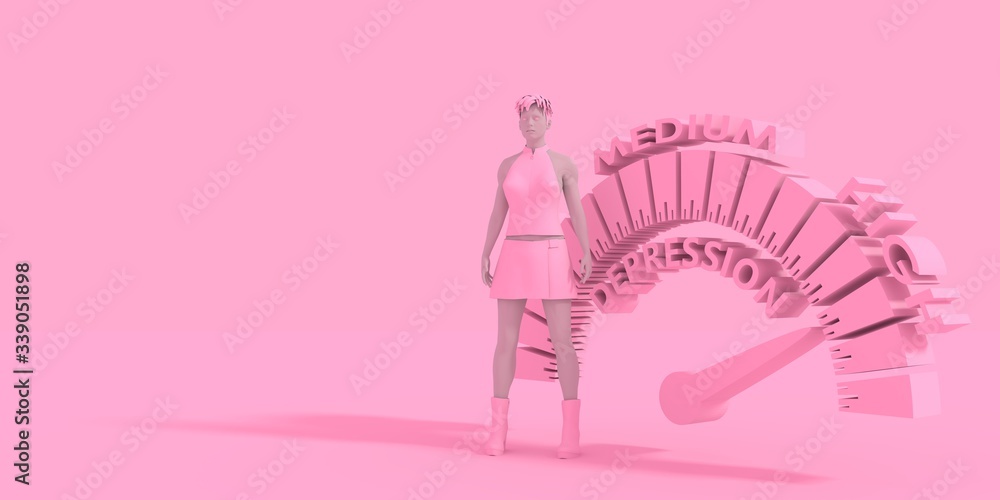 Scale with arrow. Woman stay near depression level measuring device ...