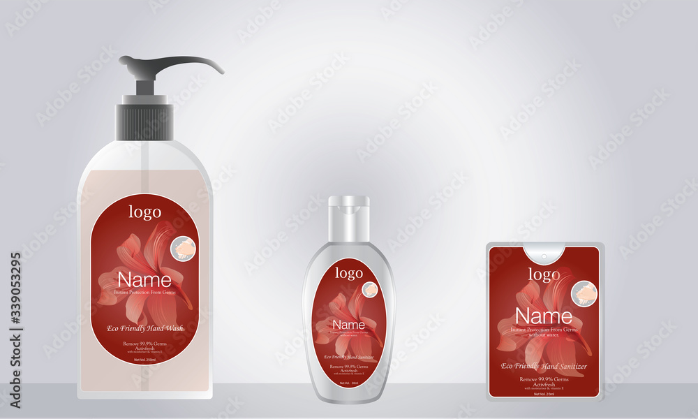 liquid soap and pocket hand sanitizer with label design ready for mock ...