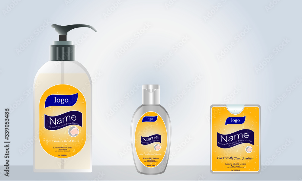 liquid soap and pocket hand sanitizer with label design ready for mock ...