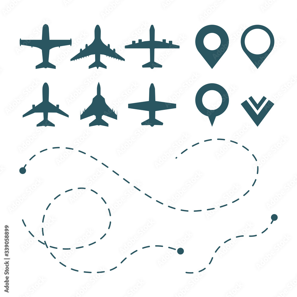 airplane symbols. avia transport pictograms. route shape traces map ...