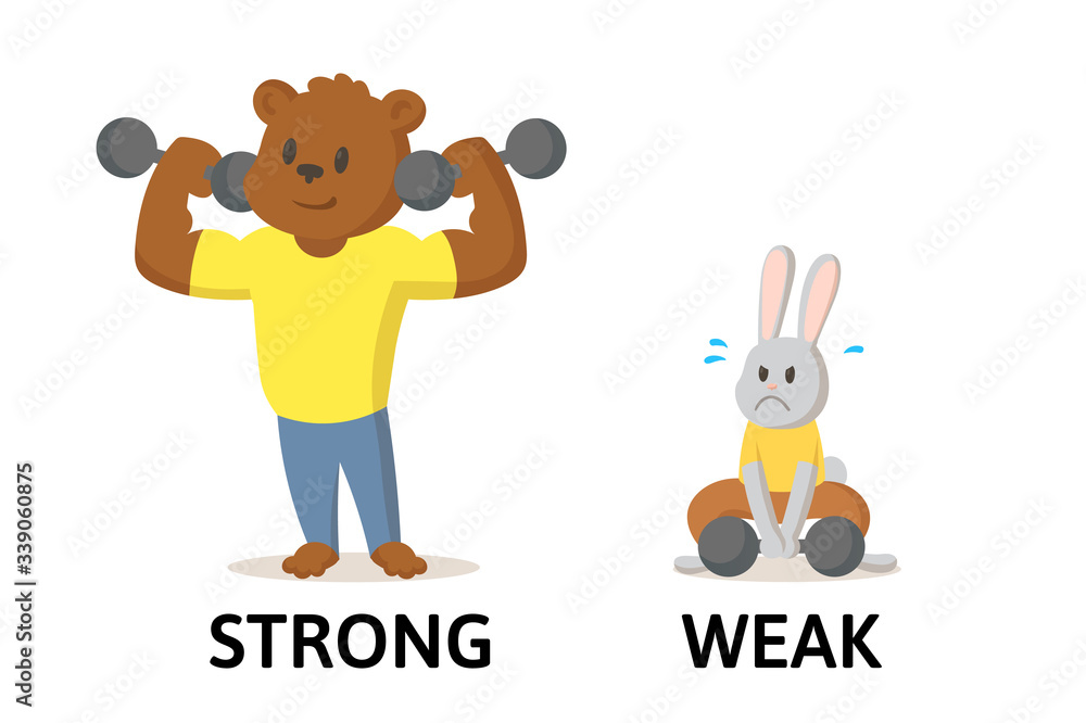 Words Strong And Weak Textcard With Cartoon Bear And Rabbit Characters 