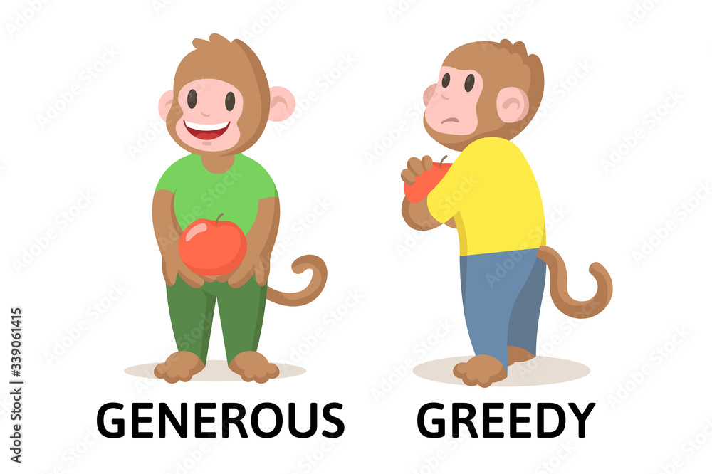 Vecteur Stock Words Generous And Greedy Textcard With Two Cartoon