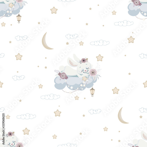 Wallpaper murals Seamless background with sleeping bunny on cloud ...