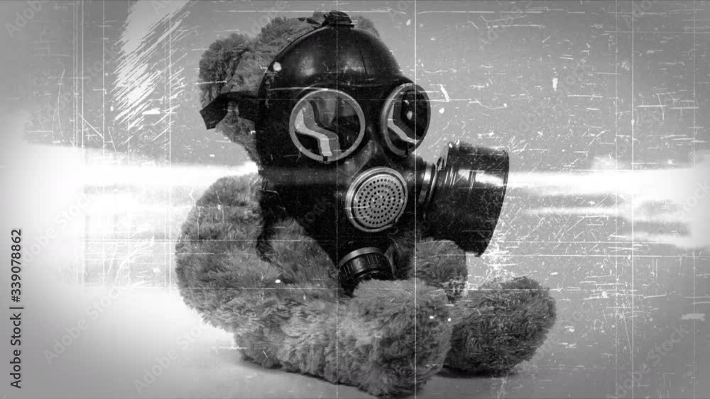 Teddy bear wearing gas mask with vintage film effect. Stock Video ...