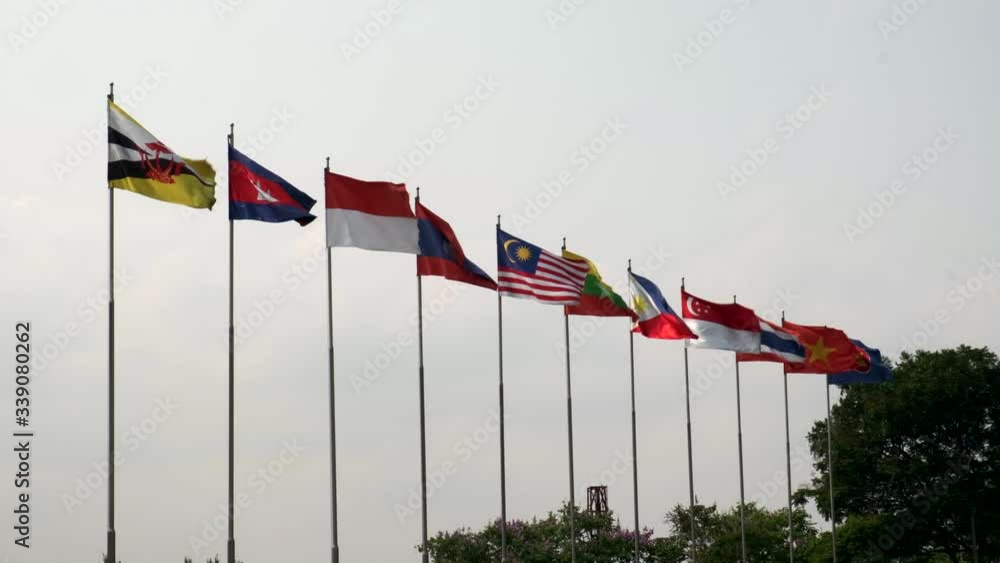 National Flags of the ten ASEAN Countries Blowing In The Wind Stock ...