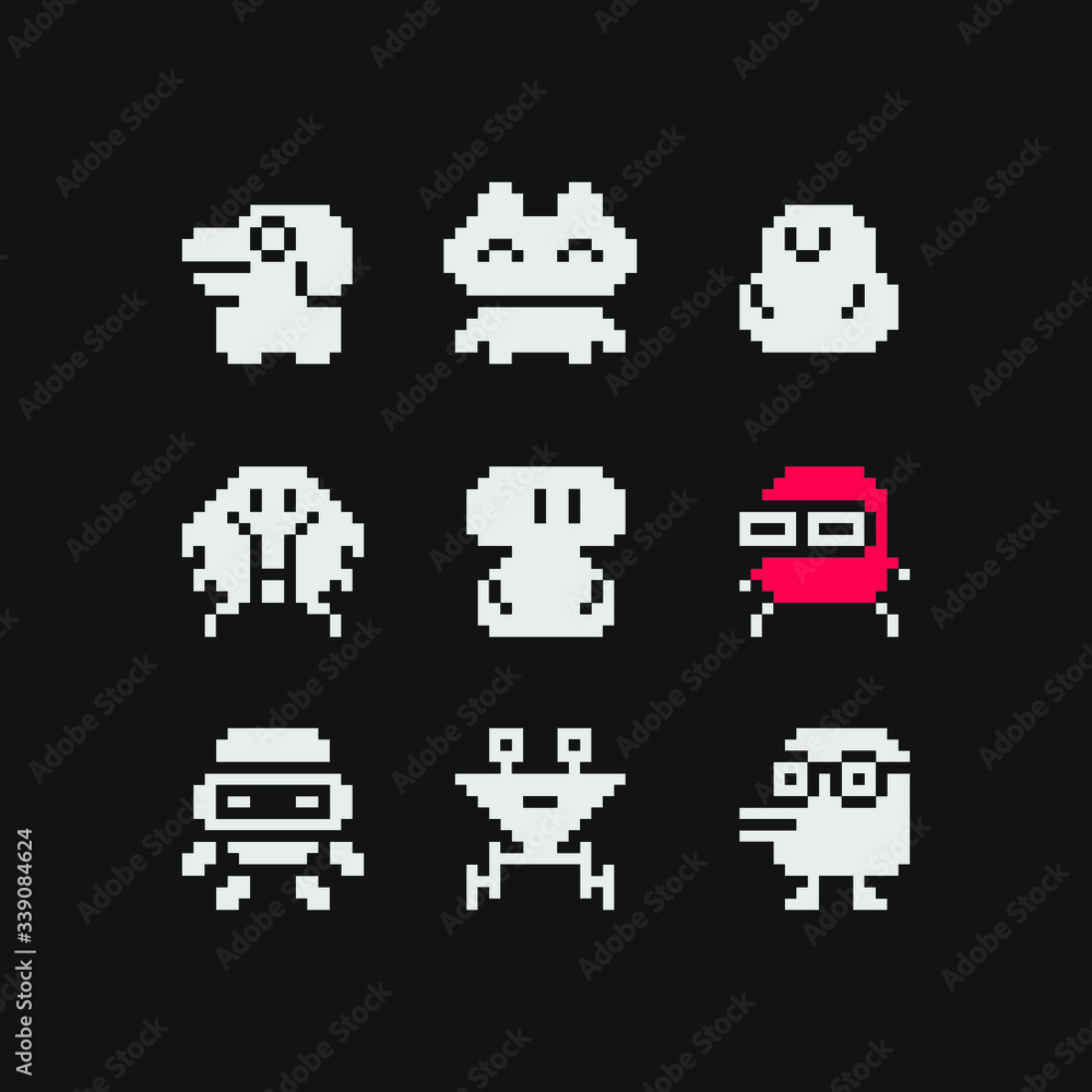 Abstract characters pixel art icons set, design for logo, sticker ...