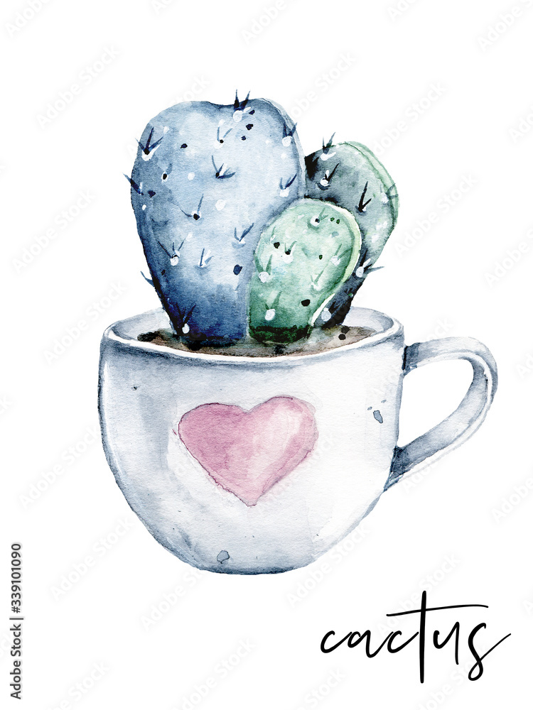 Cactus in pot watercolor clip art. Sketch isolated on white background ...