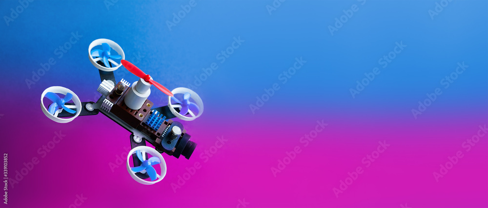 Drone multi copter in flight. Advertising poster template with toy ...