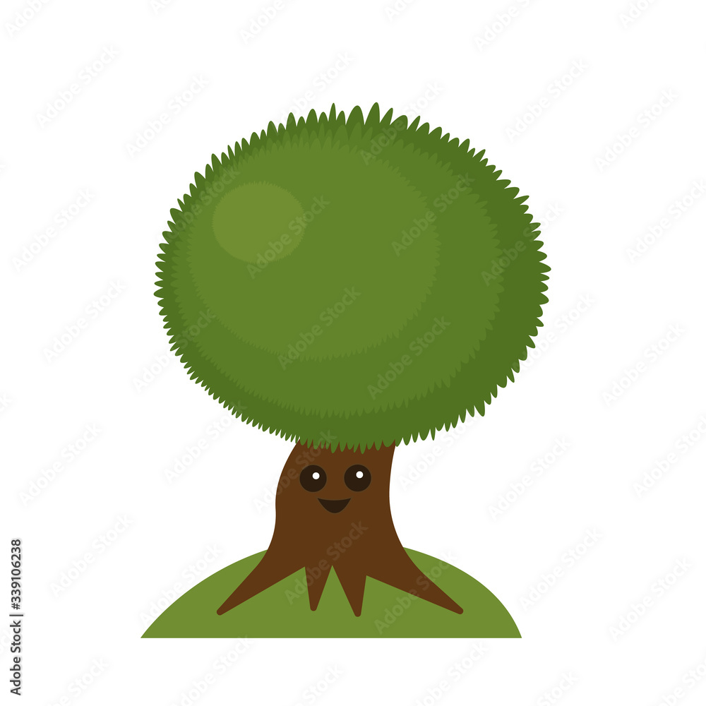 tree cartoon character forest plant with a cute smile and fluffy top ...