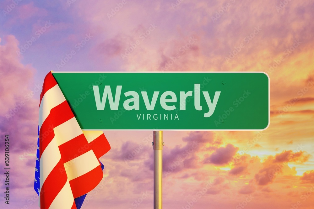 Waverly – Virginia. Road or Town Sign. Flag of the united states. Blue ...