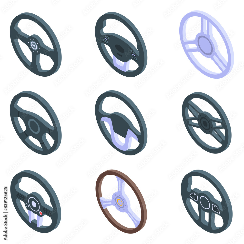 Steering wheel icons set. Isometric set of steering wheel vector icons ...