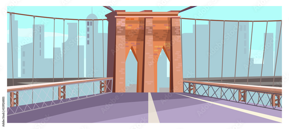 Brick arch of city bridge illustration. City road with railing and arch ...