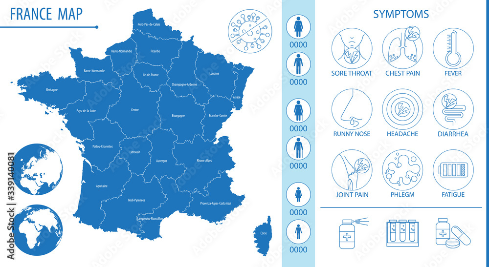 France map with pictograms and icons of symptoms, Covid-19 and other ...
