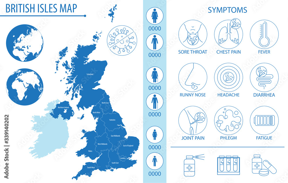 Map of the British Isles with pictograms and symptom icons of Covid-19 ...