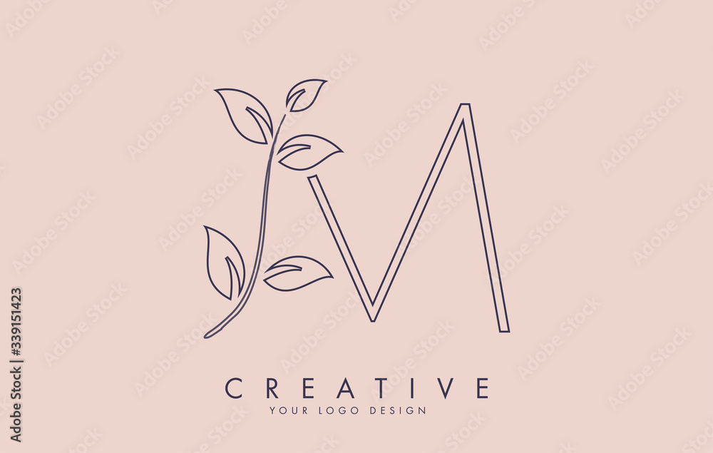 Outline Leaf Letter M Logo Design with Leaves on a Branch and Pink ...