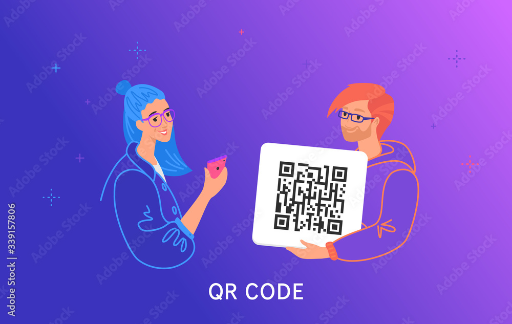 QR code scanning by smartphone. Concept vector illustration of smiling teenage friends holding a ...