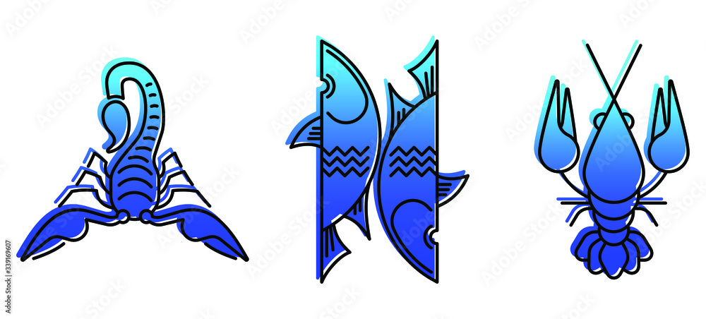 Set of Zodiac Water element signs Scorpio Cancer Pisces star sign ...