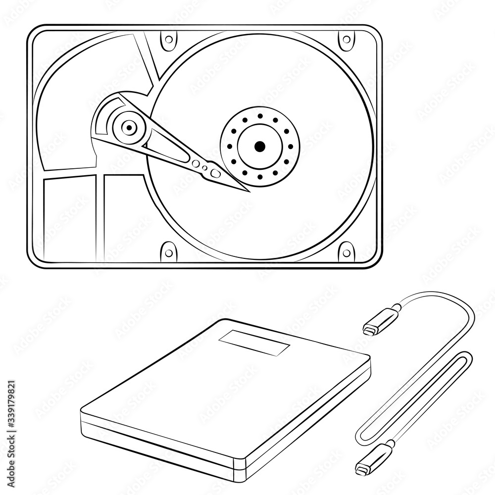 Hard disk drive for storing data on a computer in line art style ...