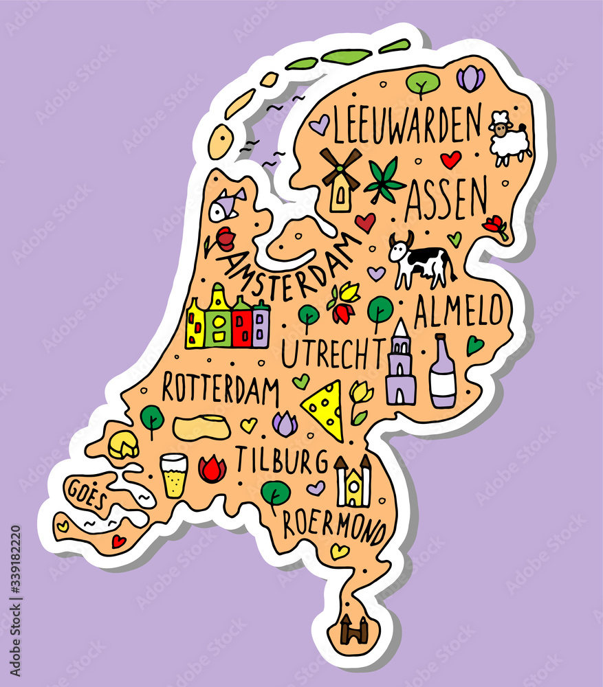 Colored Sticker of Hand drawn doodle Netherland map. Holland city names ...