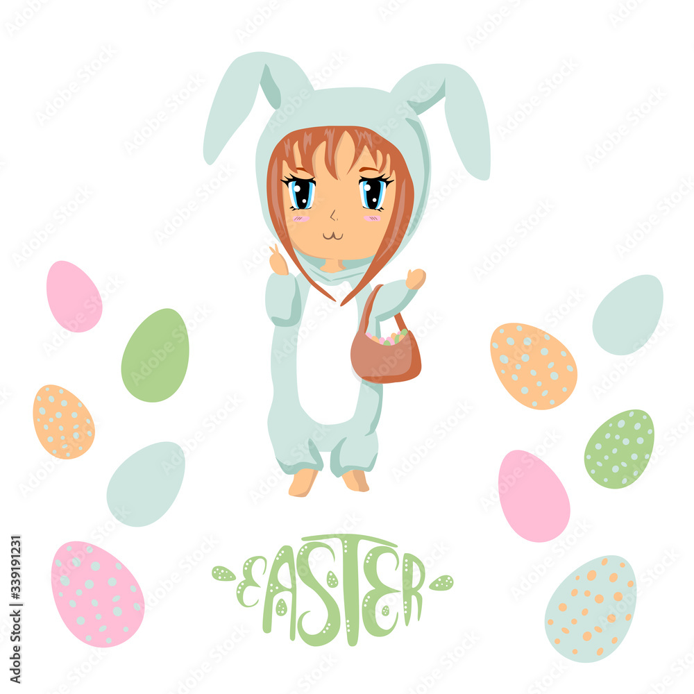 Vector anime character in rabbit blue kigurumi with Easter eggs and ...