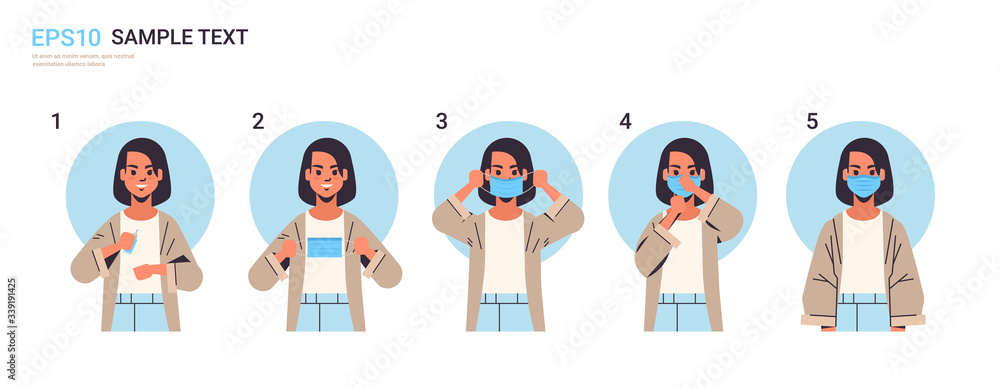 how to wear medical face mask covid-19 protection woman presenting step ...